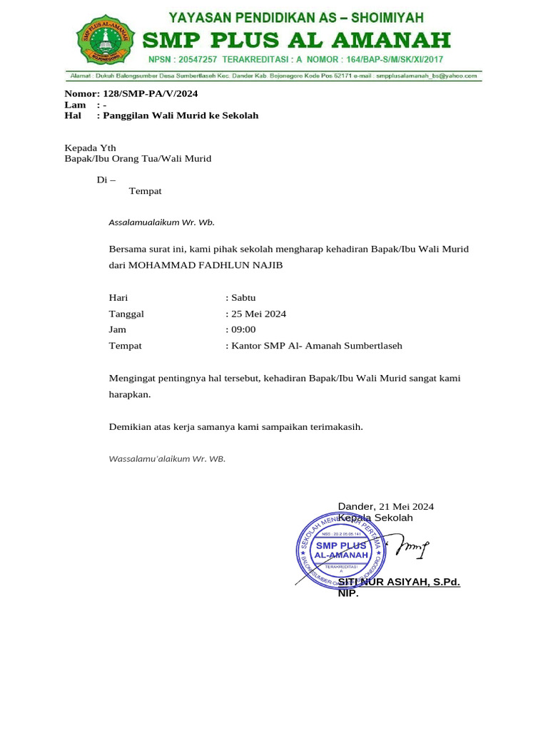 Surat Pemanggilan Orang Tua Siswa | PDF