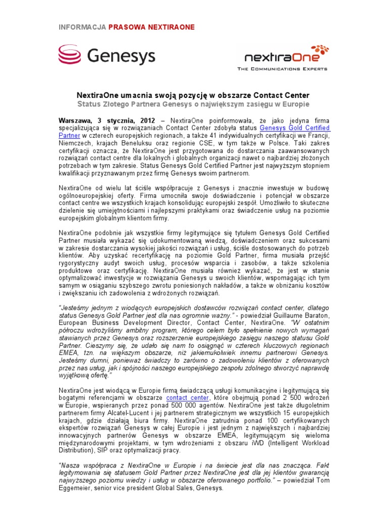 NextiraOne Złotym Partnerem Genesys-1 | PDF