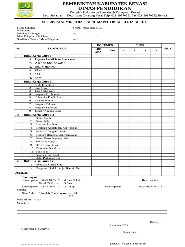 FORM SUPERVISI ADMINISTRASI GURU MAPEL (Isi Buku Kerja) 2023 | PDF