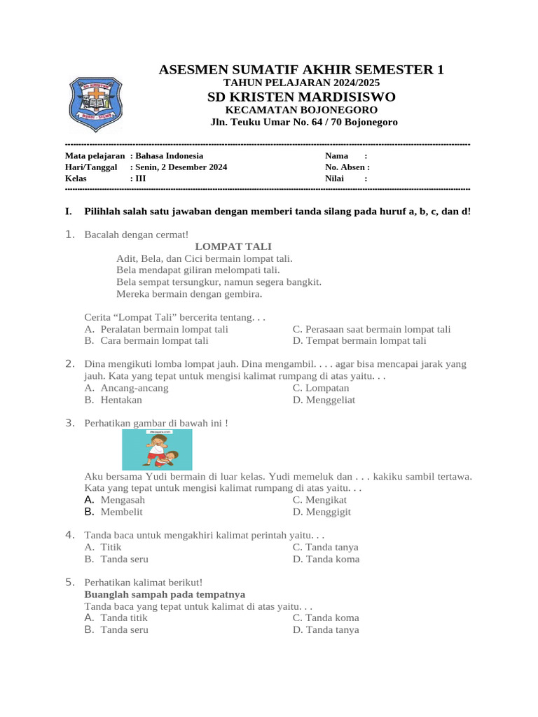 Soal ASAS 1 Bhs. Indo Kls 3 | PDF