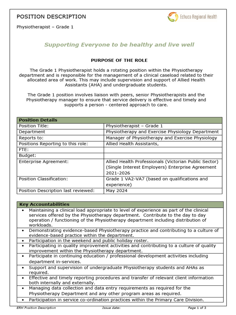 0104 Position Description Grade 1 Physiotherapist | PDF | Physical Therapy | Employment
