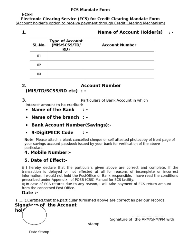 ECS Mandate Form Ecs-I Electronic Clearing Service (ECS) For Credit Clearing Mandate Form | PDF ...