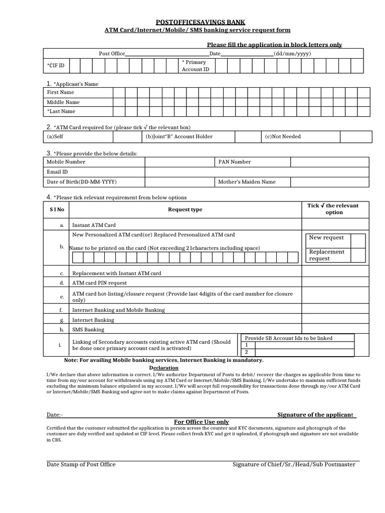 ATM or Intra Operable Netbanking - Mobile Banking Request Form | PDF ...