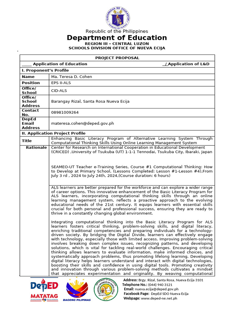 ApplicationL&D Project Proposal | PDF | Literacy | Learning