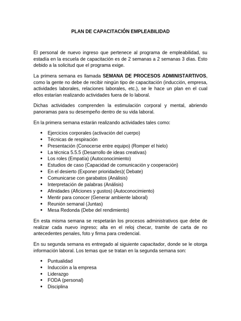 Plan de Capacitación Empleabilidad | PDF