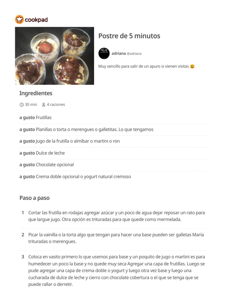 Postre de 5 minutos Receta de adriana- Cookpad | PDF