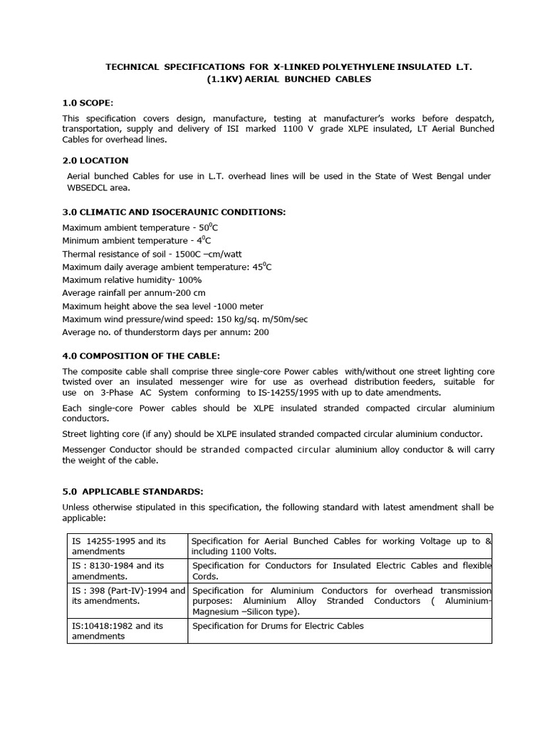 Technical Specification - LT Ab Cable P&C - 27.02.18 | PDF | Wire | Insulator (Electricity)