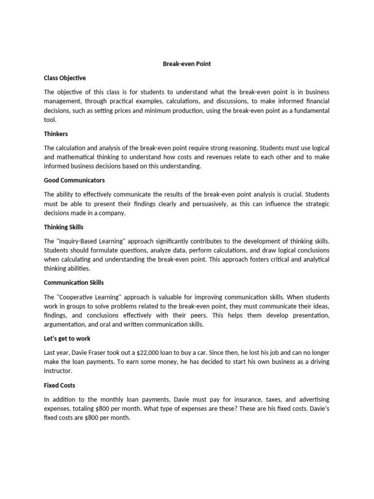 Break Even Point Worksheet | PDF | Economics | Business Economics