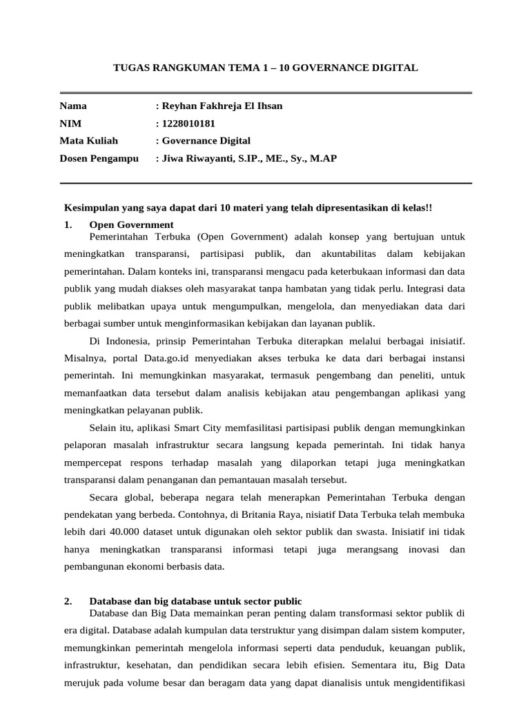 Reyhan Fakhreja El Ihsan - 1228010181 - Governance Digital - Resume Tema 1 - 10 | PDF | Ilmu Sosial