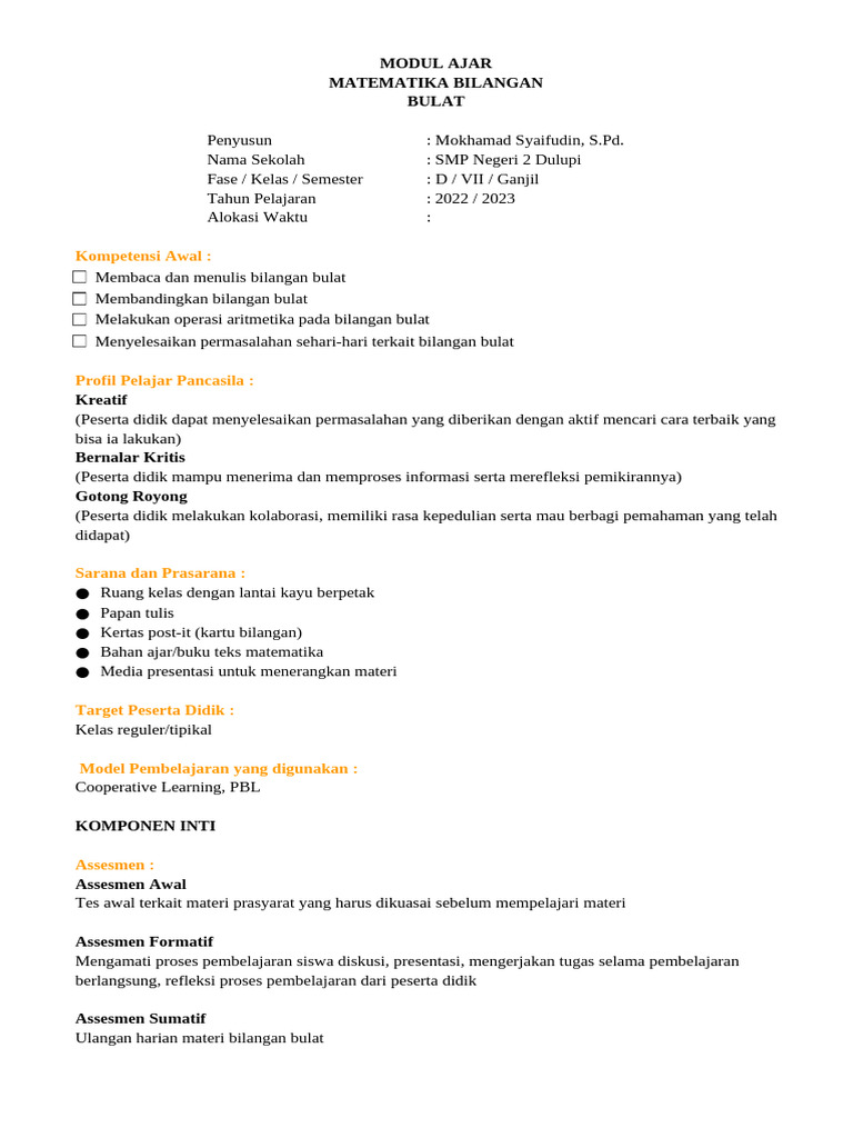 Modul Ajar Matematika - Bilangan Bulat - Fase D | PDF | Karier & Perkembangan | Metode & Bahan Ajar