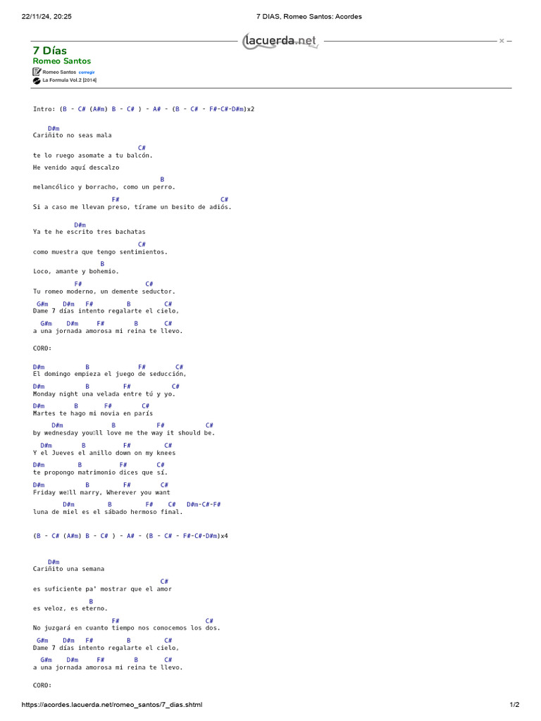 7 DIAS, Romeo Santos - Acordes | PDF | Grabación de sonido | Música grabada