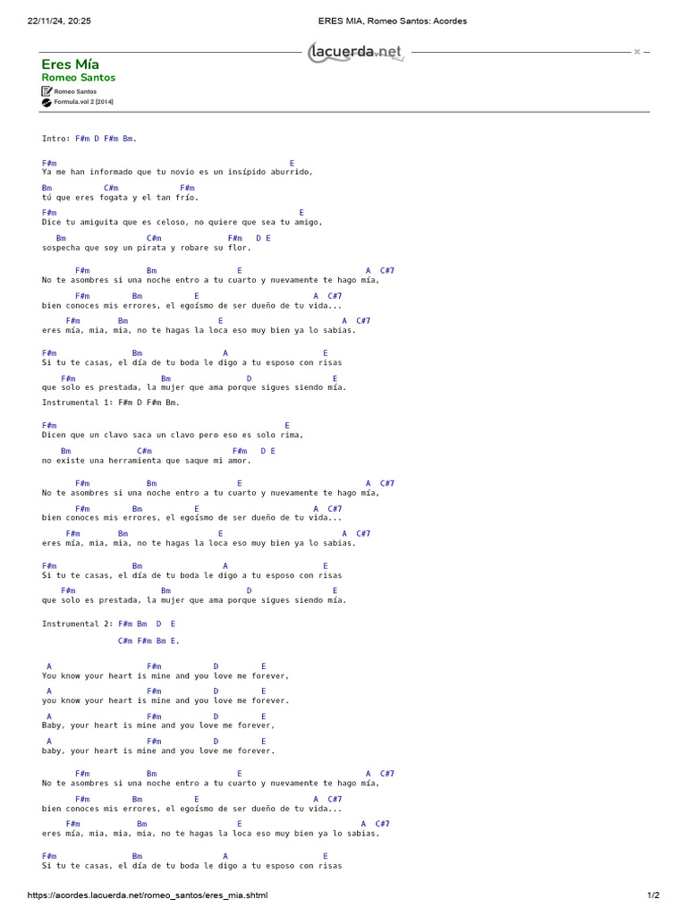 ERES MIA, Romeo Santos - Acordes | PDF | Música grabada | Grabación de ...