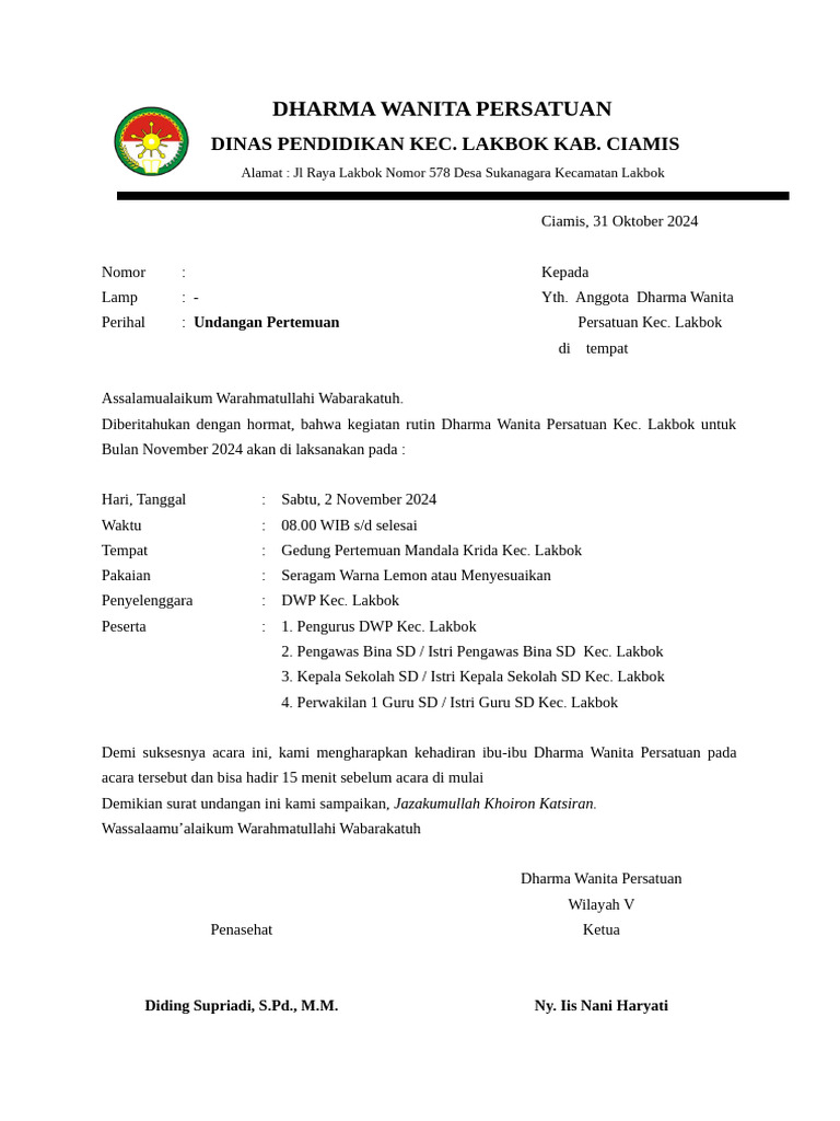 Undangan Pertemuan Dharma Wanita Lakbok | PDF