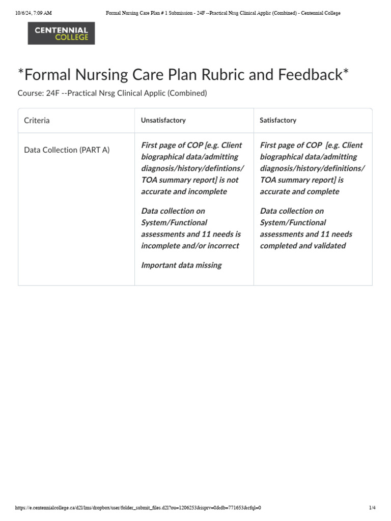 Formal Nursing Care Plan # 1 Submission - 24F - Practical NRSG Clinical ...