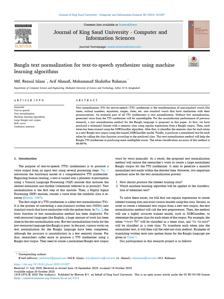 Bangla Text Normalization For Text-To-speech Synthesizer Using Machine Learning | PDF ...
