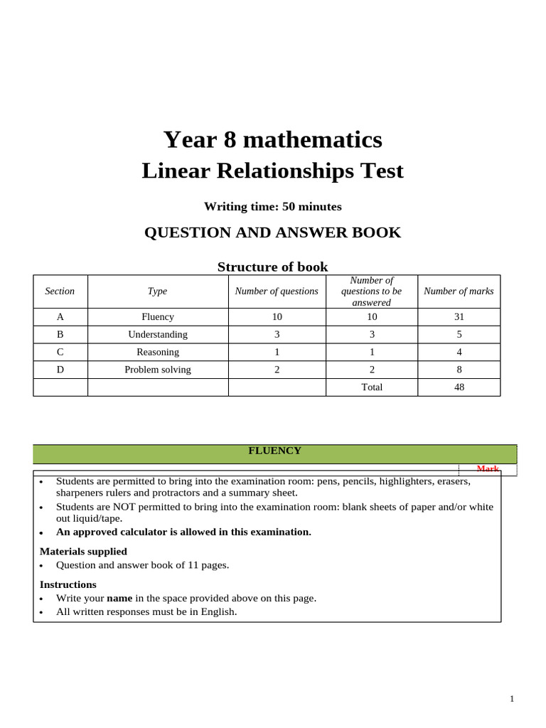 2024 Linear Relationships Test Year 8 | PDF | Equations | Mathematical ...