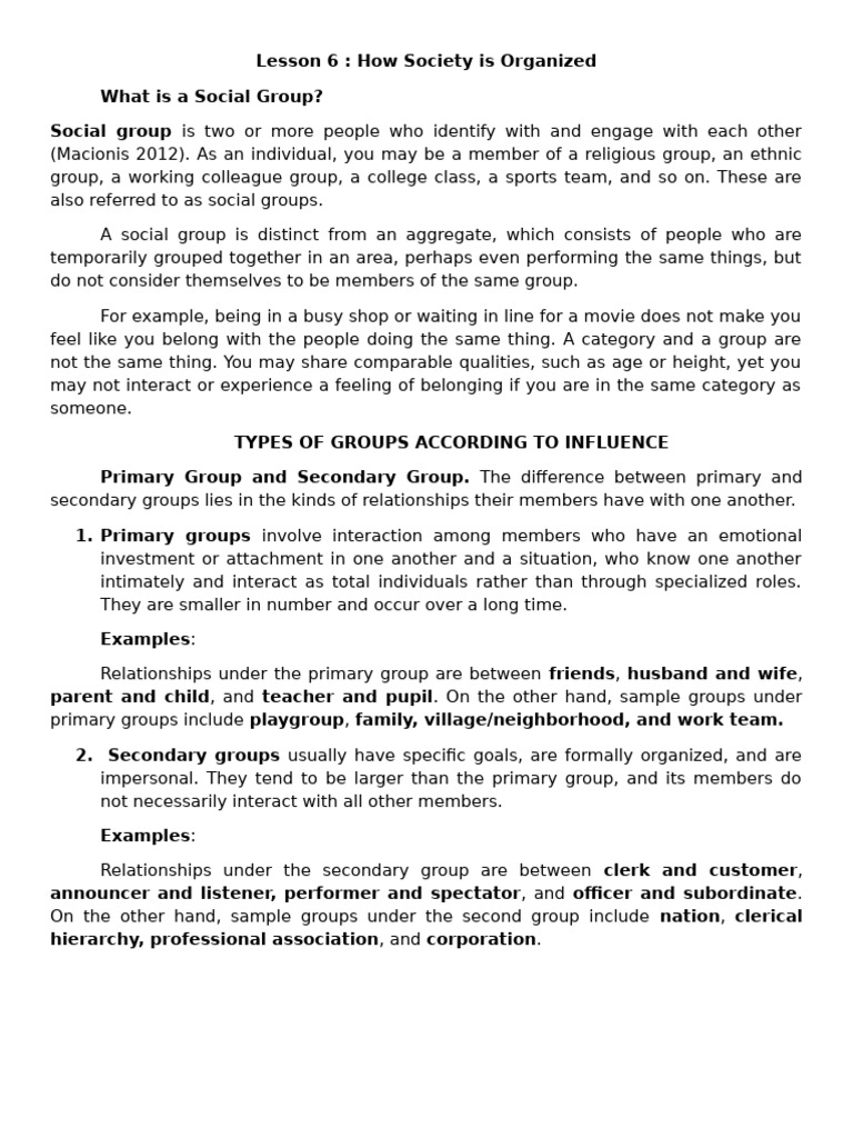 Lesson 6 - How Society Is Organized | PDF | Social Network | Social Group