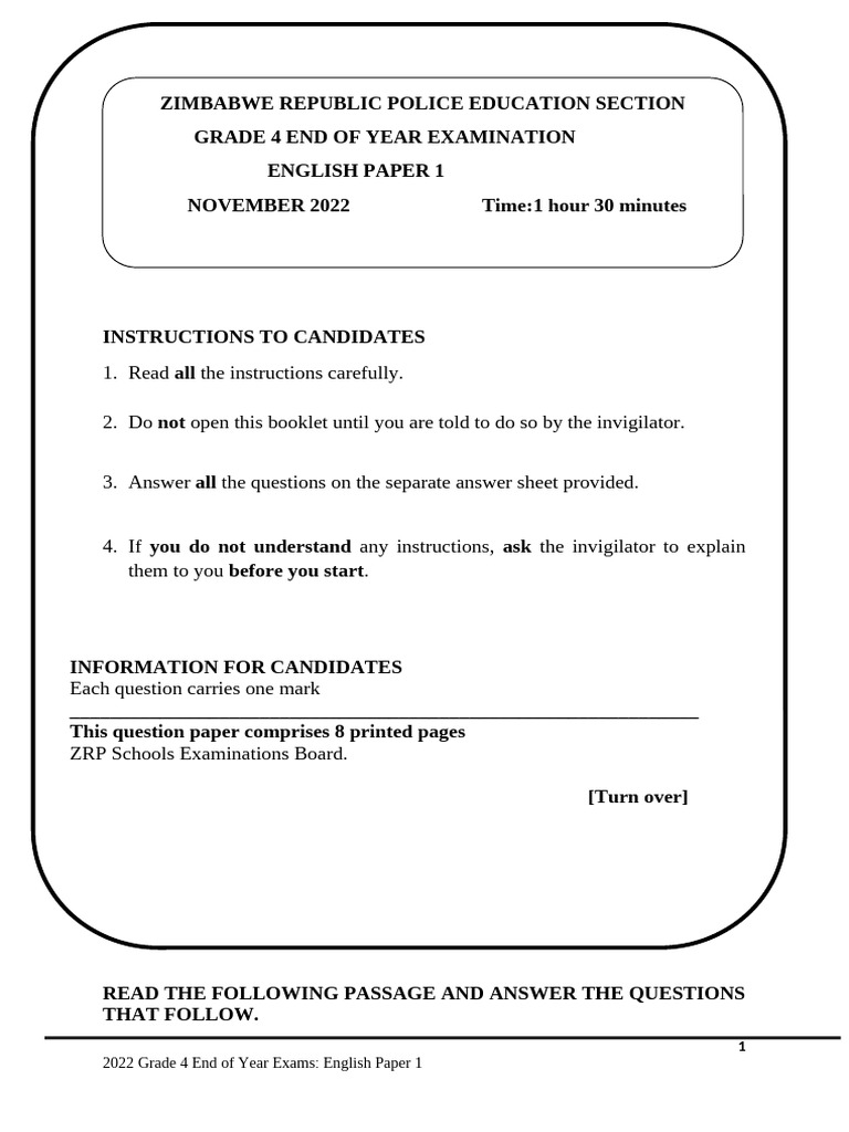 Grade 4 English Paper 1-1 | PDF | Travel