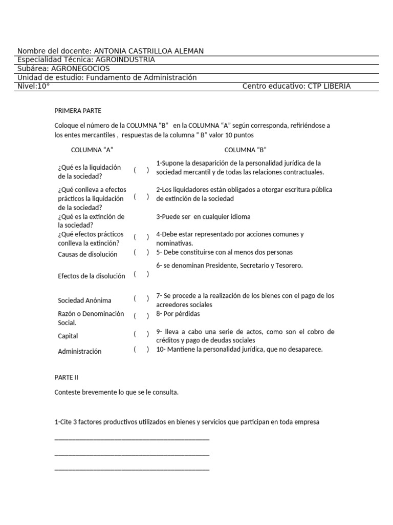 Examen de Administración 10° CTP Liberia | PDF | Sociedad de ...