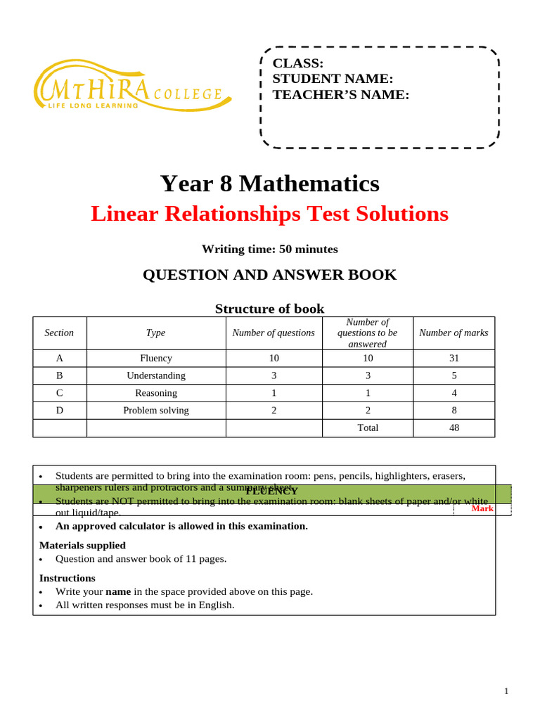 2024 Linear Relationships Topic Test Solutions | PDF | Equations ...