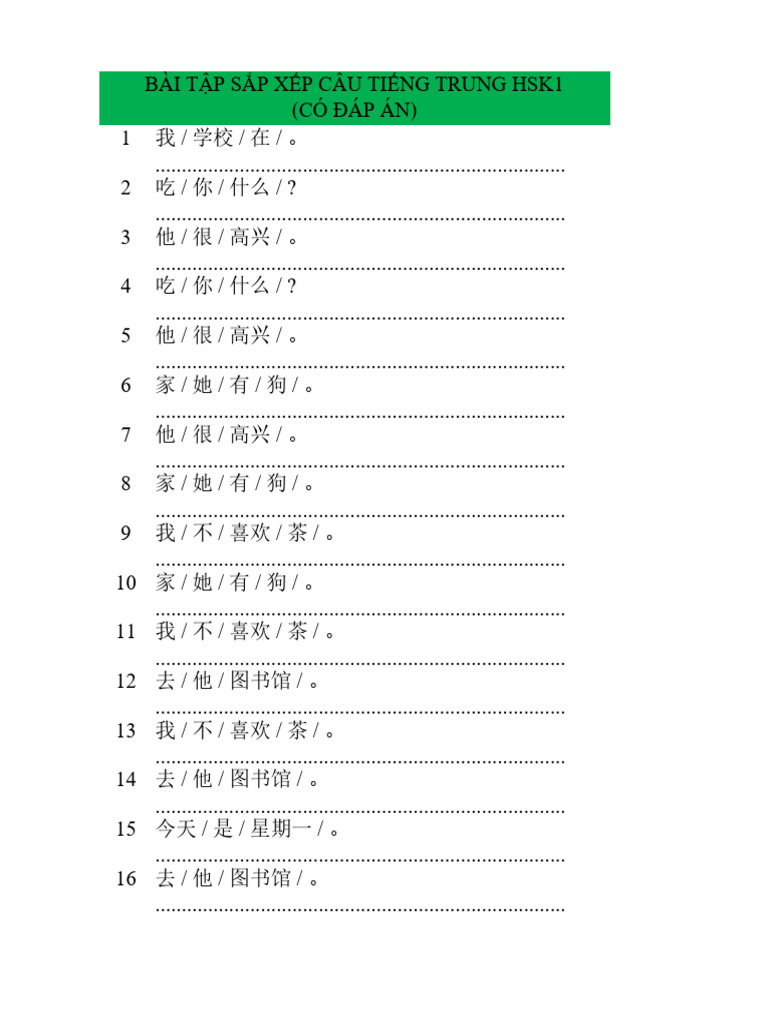Bài Tập Sắp Xếp Câu HSK1 | PDF