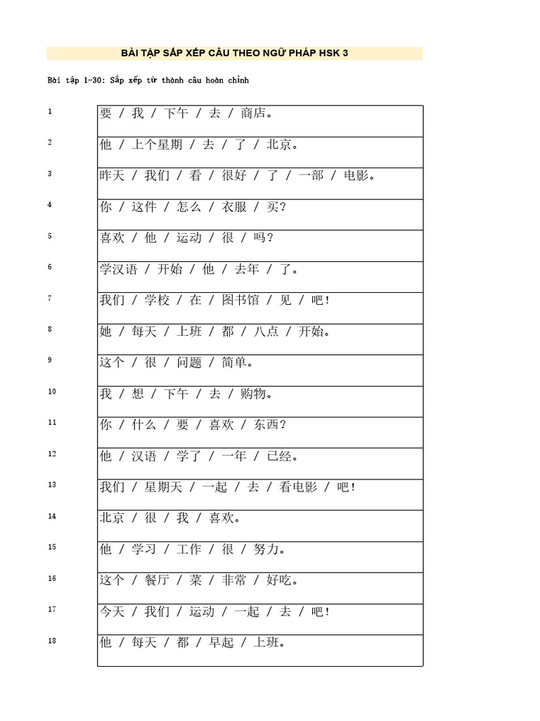 Bài Tập Sắp Xếp Câu Theo Ngữ Pháp HSK 3 PDF | PDF