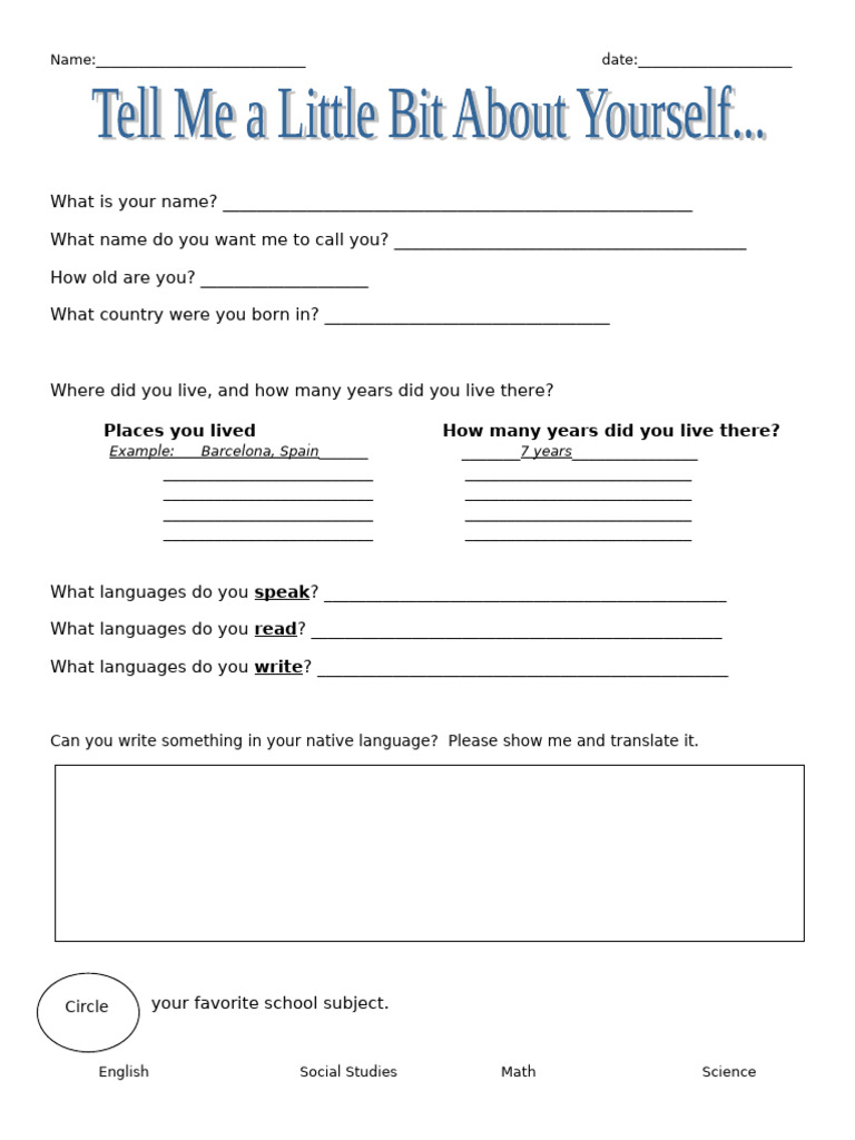 Student Survey ESL About Myself | PDF