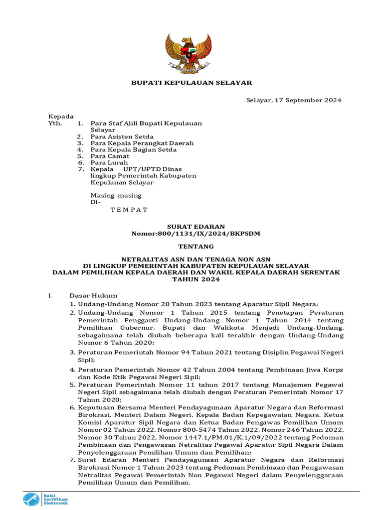 Surat Edaran Netralitas Asn Tahun 2024 (Revisi) | PDF