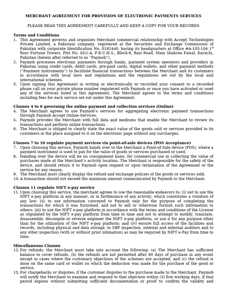 Paymob Merchant Agreement - A4 | PDF | Payments | Debit Card