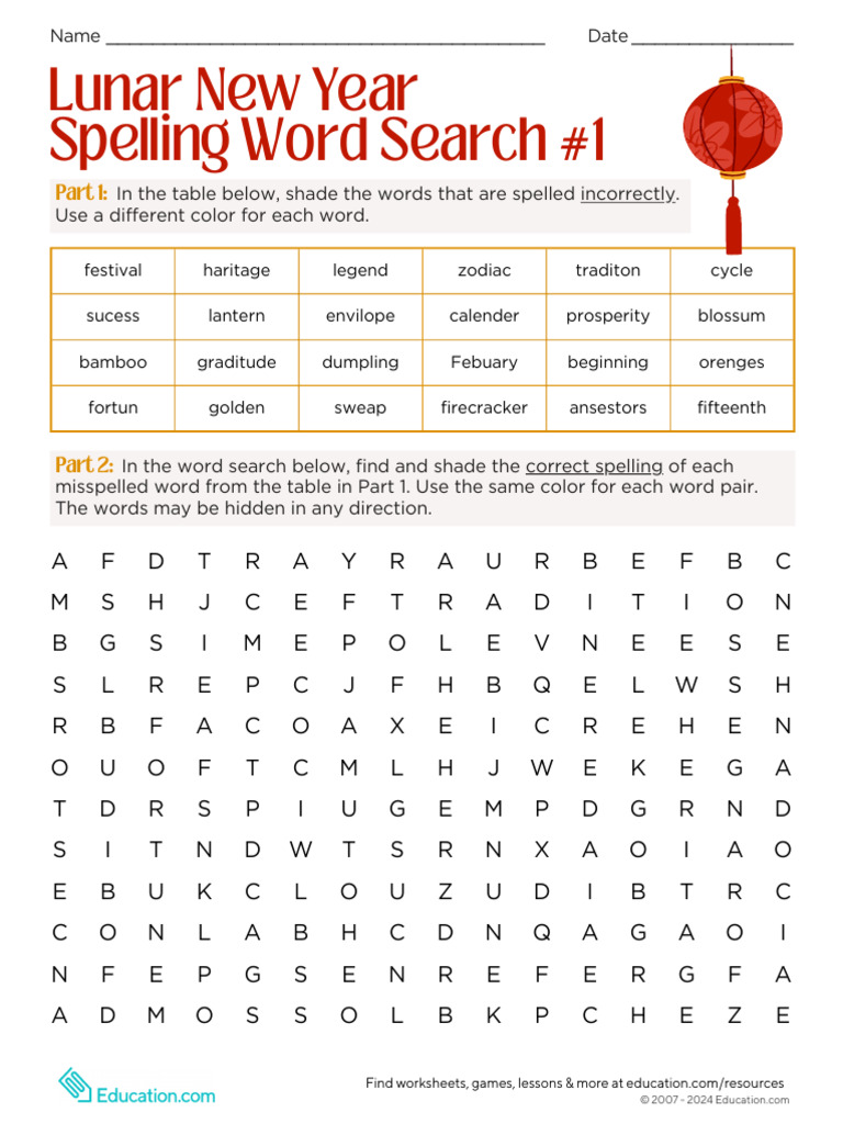 Lunar New Year Spelling Word Search 1 | PDF