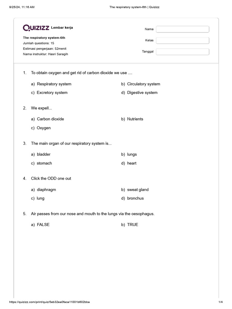 Respiratory System Quiz for 6th Grade | PDF | Respiratory System ...