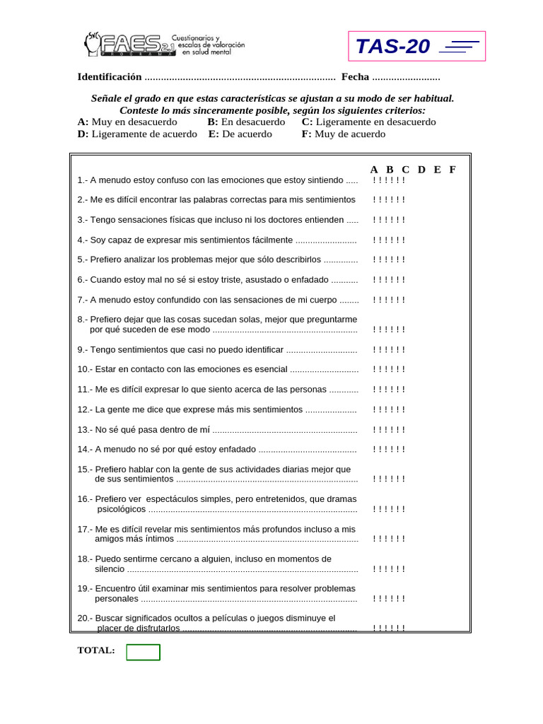 Escala de Alexitimia de Toronto (TAS20) | PDF | Sicología