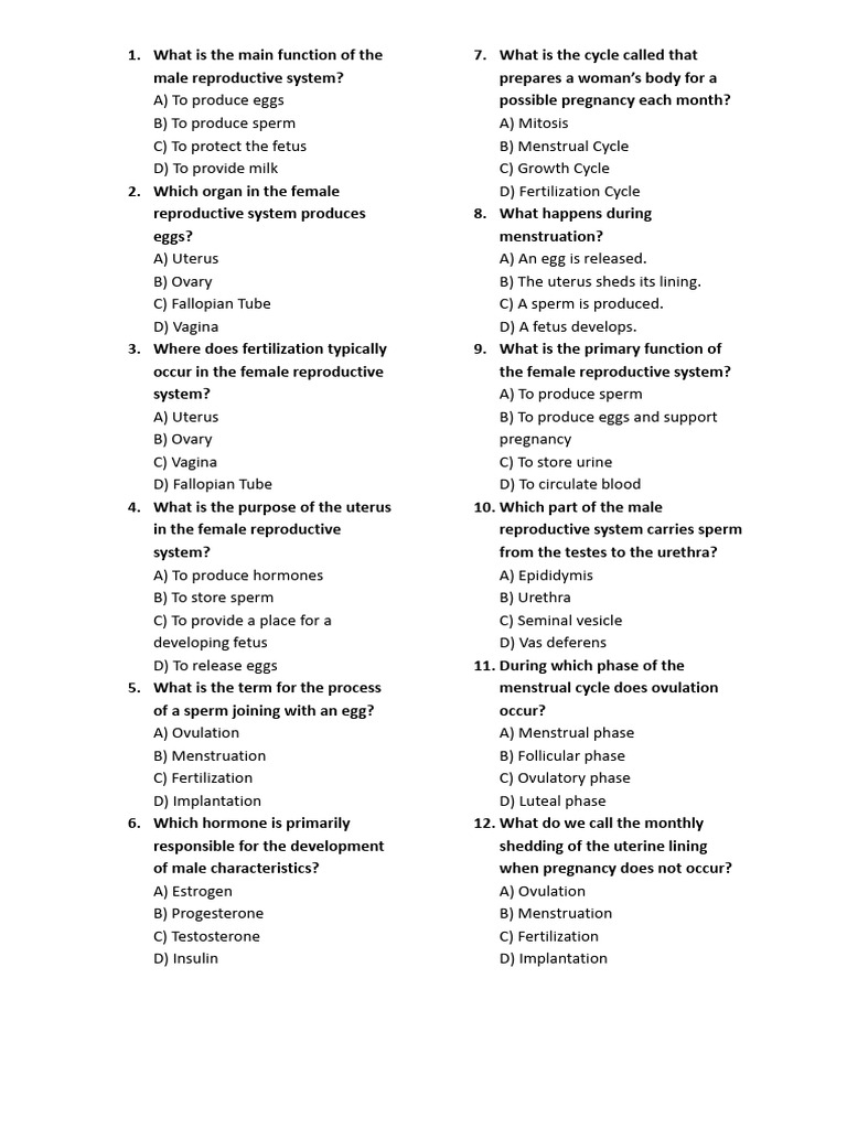 Multiple Choice Questions | PDF | Menstrual Cycle | Reproductive System
