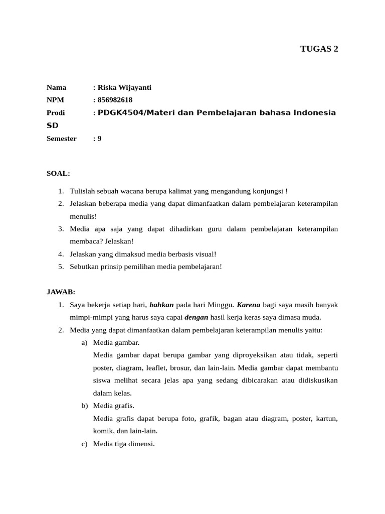 TUGAS 2 RISKA WIJAYANTI 856982618 PDGK4504 Materi Dan Pembelajaran Bahasa Indonesia SD | PDF ...