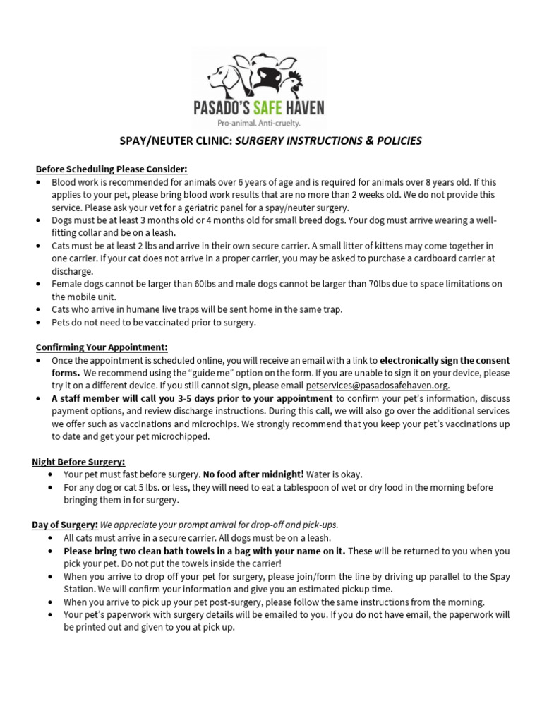 Spay Neuter Surgery Instructions and Clinic Policies May23 | PDF ...