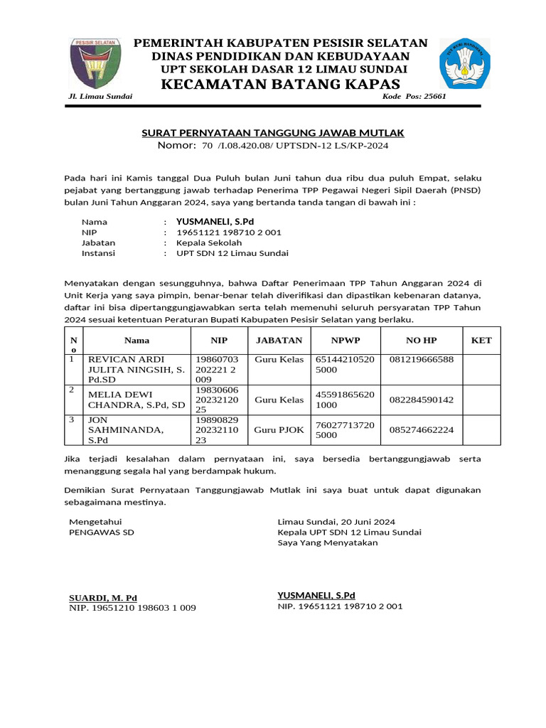 Contoh SPTJM TPP Kepala Sekolah OKE | PDF