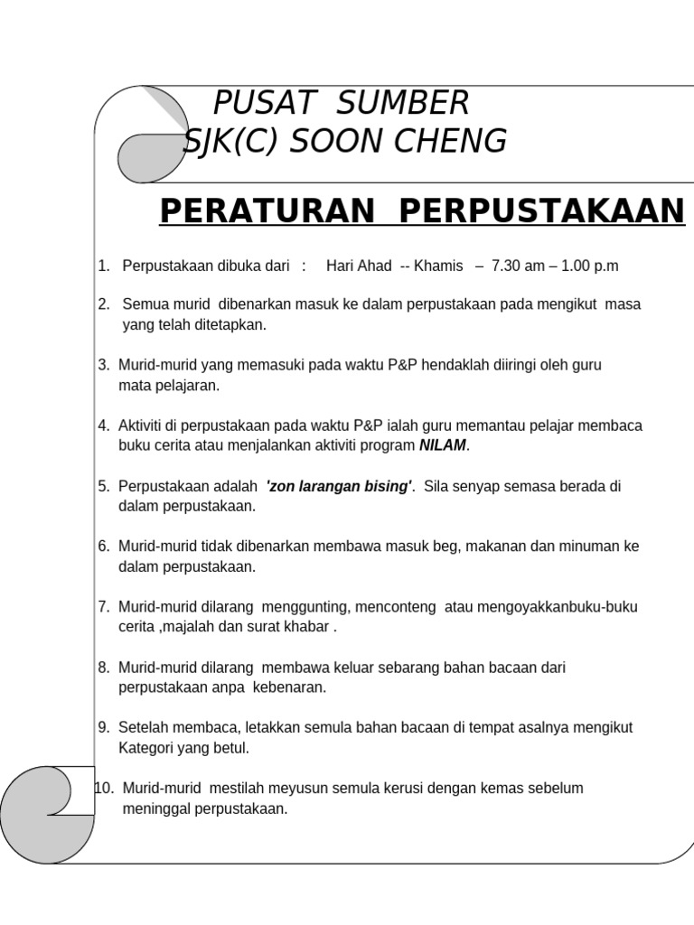 Peraturan Perpustakaan SJK(C) Soon Cheng | PDF | Agama & Spiritualitas