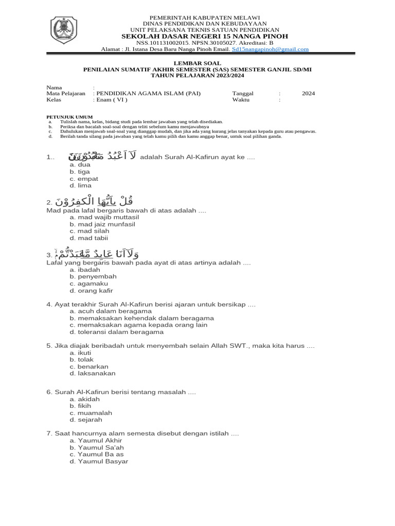 Soal Pai Semester Ganjil 2024 | PDF