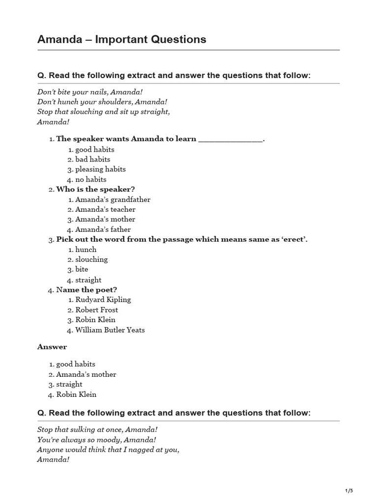Amanda Poem Analysis & Questions | PDF | Language Arts & Discipline ...