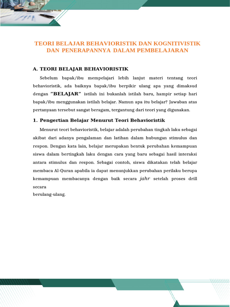 Teori Belajar Behavioristik Dan Kognitivistik | PDF