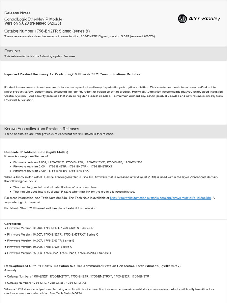 1756-EN2TR Firmware Release Notes 5.029 | PDF | Transmission Control ...