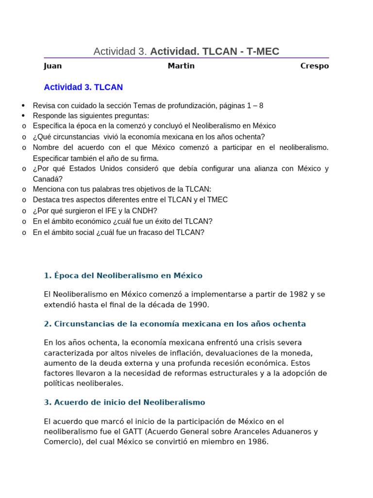 Actividad 3. Actividad. TLCAN - T-MEC JMC | PDF | Tratado de Libre ...