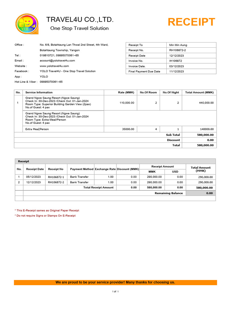 Hotel Booking Invoice Receipt Report | PDF | Receipt | Payments