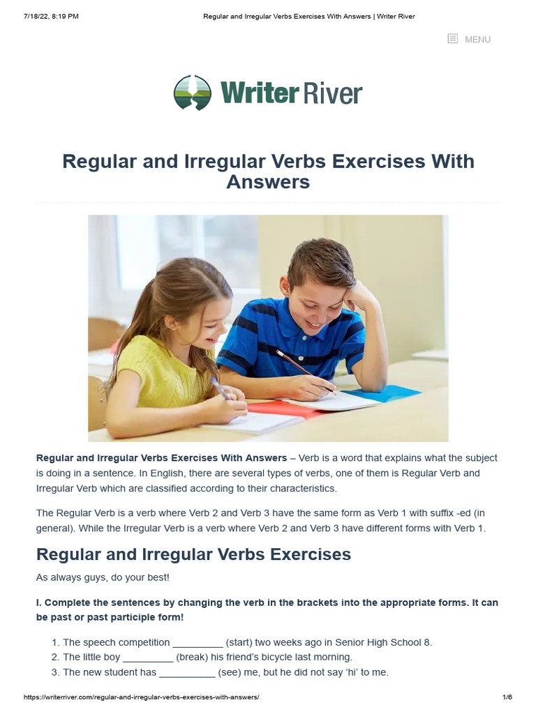 VERBS Regular and Irregular Verbs Exercises With Answers - Writer River ...