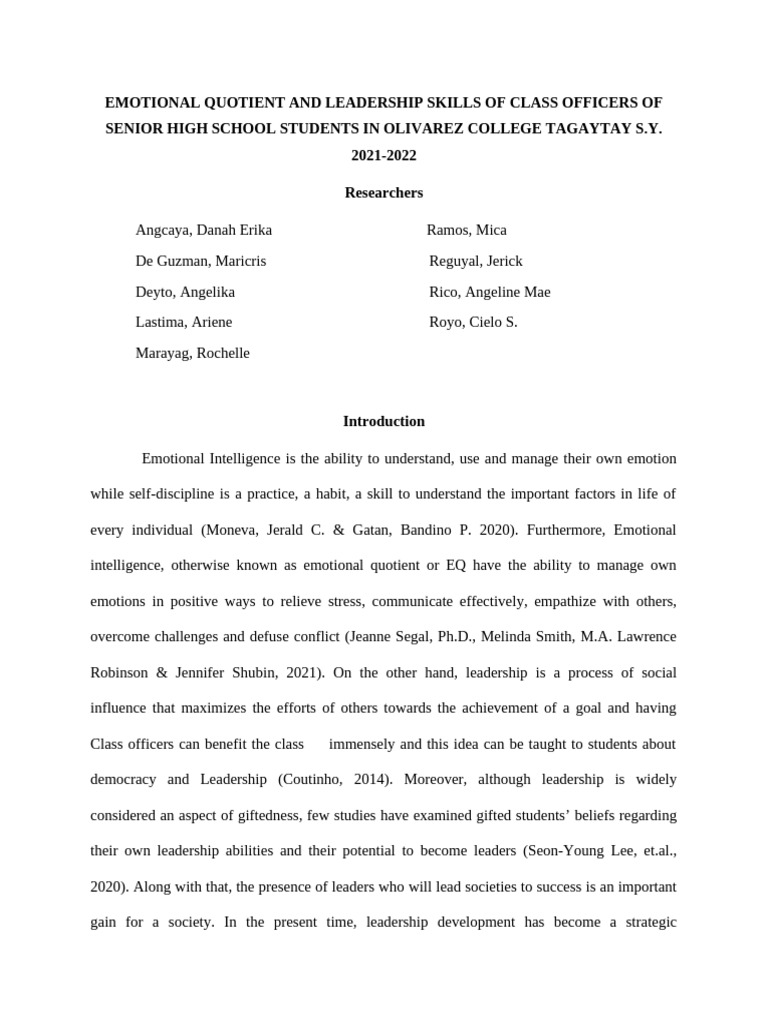 RESEARCH PAPER - Emotional Quotient and Leadership Skills of Class ...