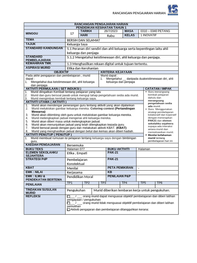 RPH Minggu 17 Pendidikan Kesihatan THN 1 2023 by Cikgu Gorgeous | PDF