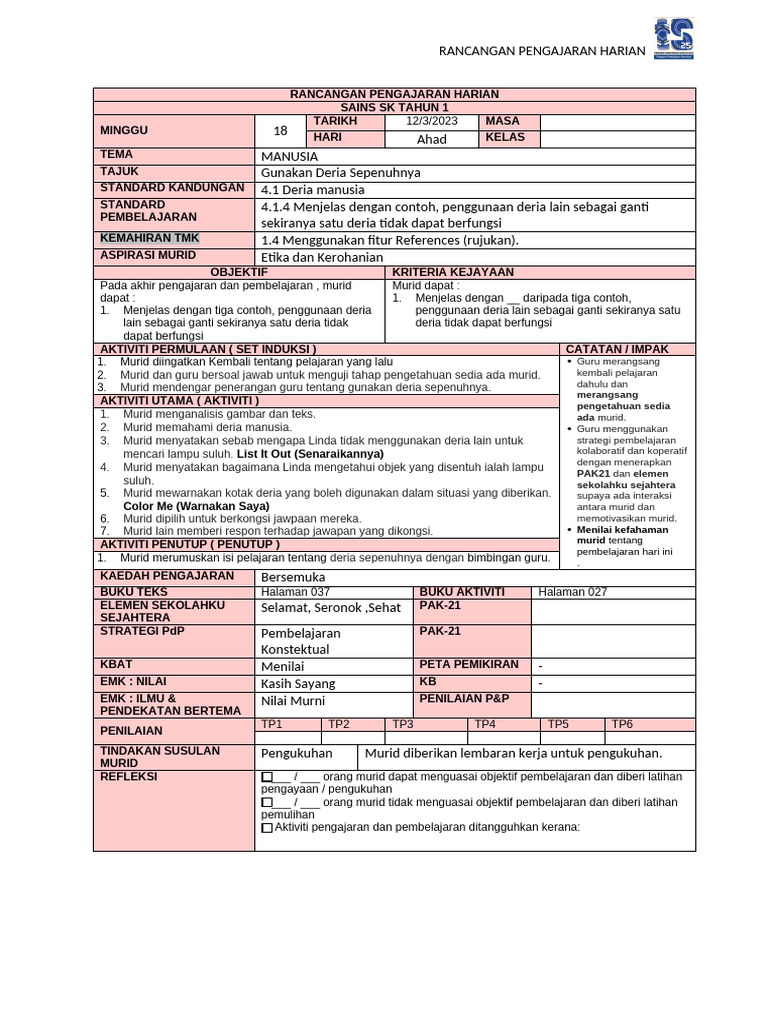 RPH Minggu 18 Sains THN 1 2023 by Cikgu Gorgeous | PDF