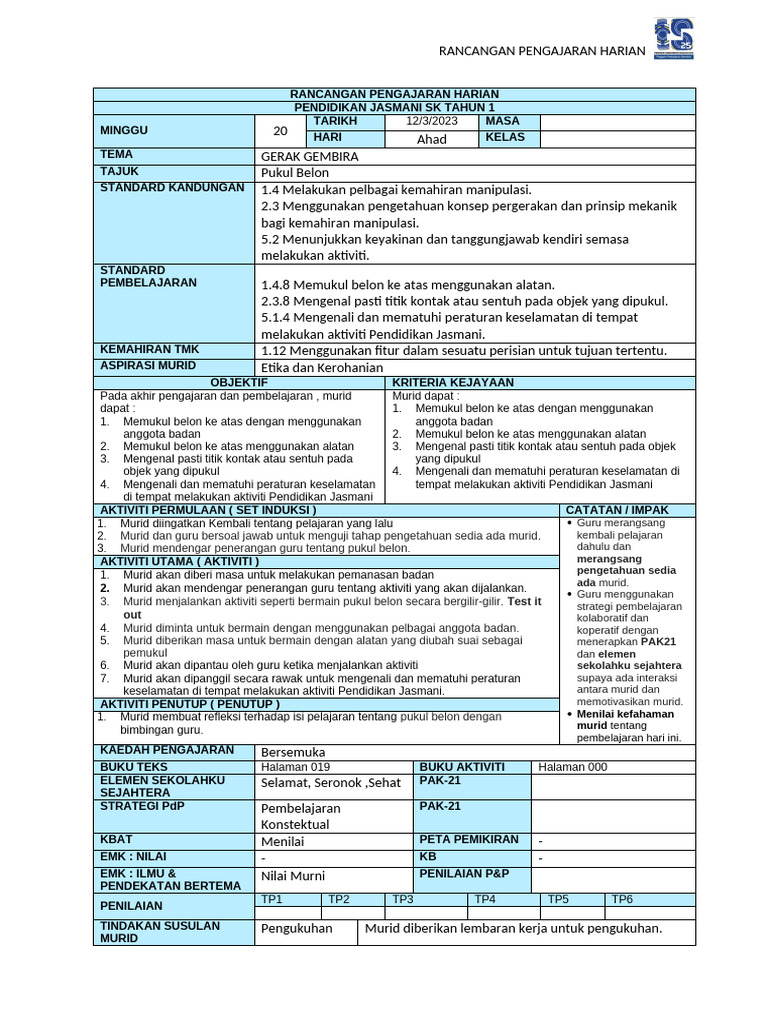 RPH Minggu 20 Pendidikan Jasmani THN 1 2023 by Cikgu Gorgeous | PDF