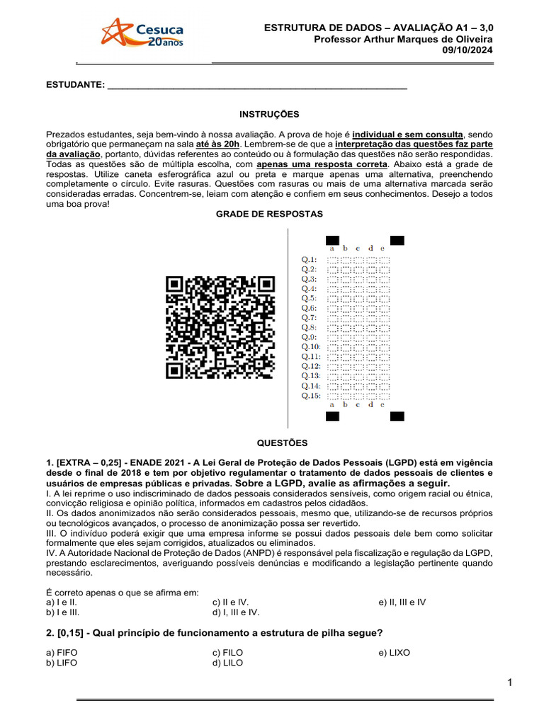 Prova A1 Estrutura de Dados QRCODE | PDF | Algoritmos e estruturas de dados