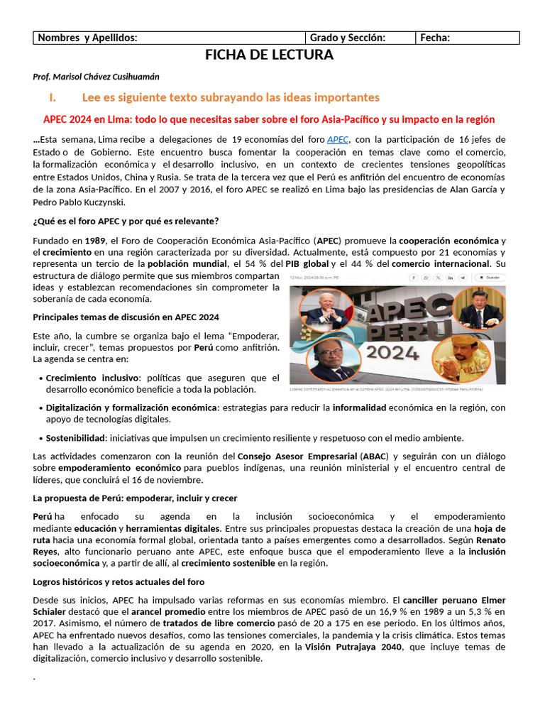 Ficha de Apec 1ro A | PDF | Cooperacion economica Asia Pacifico | Perú